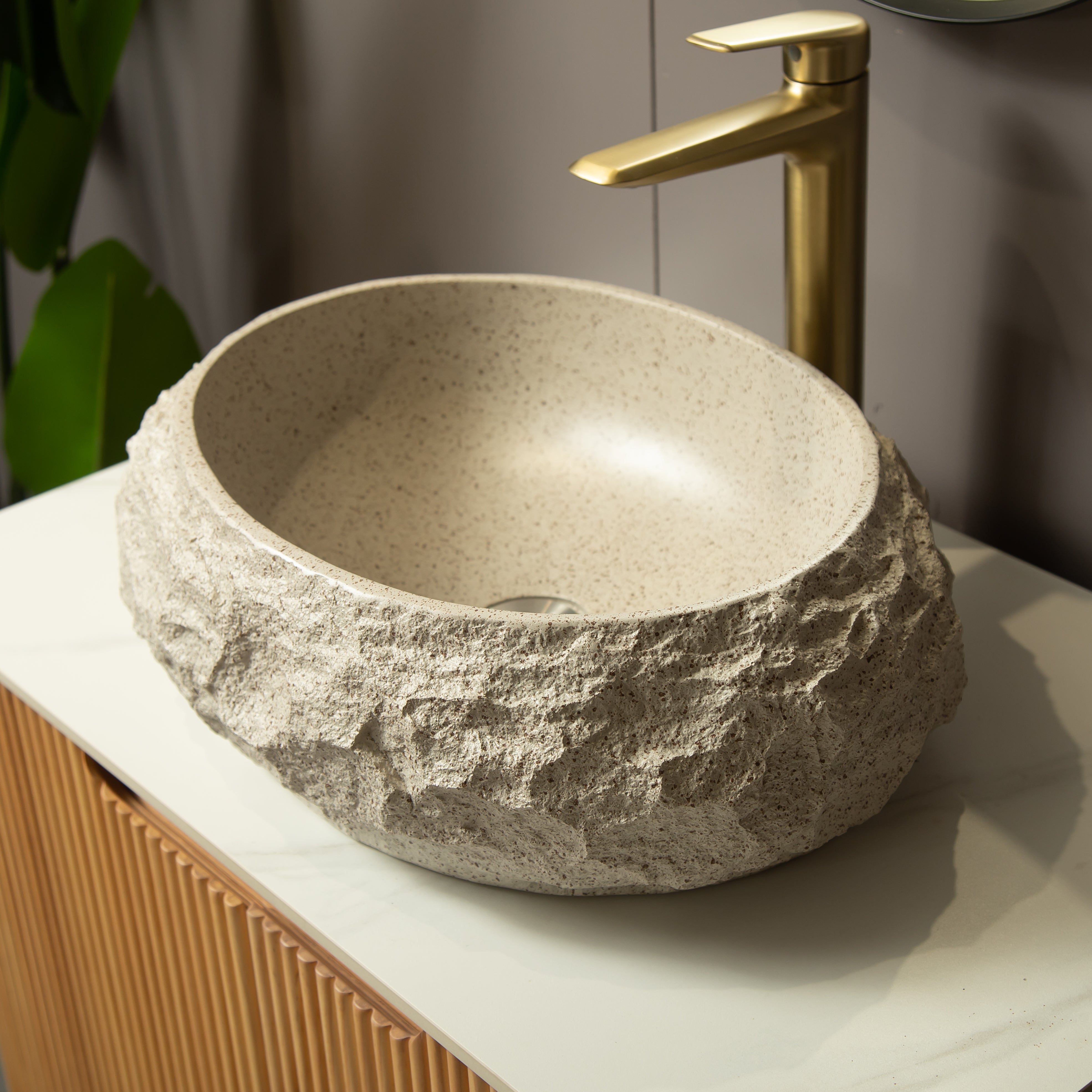 18" Beige Stone Pattern Resin Vessel Bathroom Sink, Artistic Oval Basi