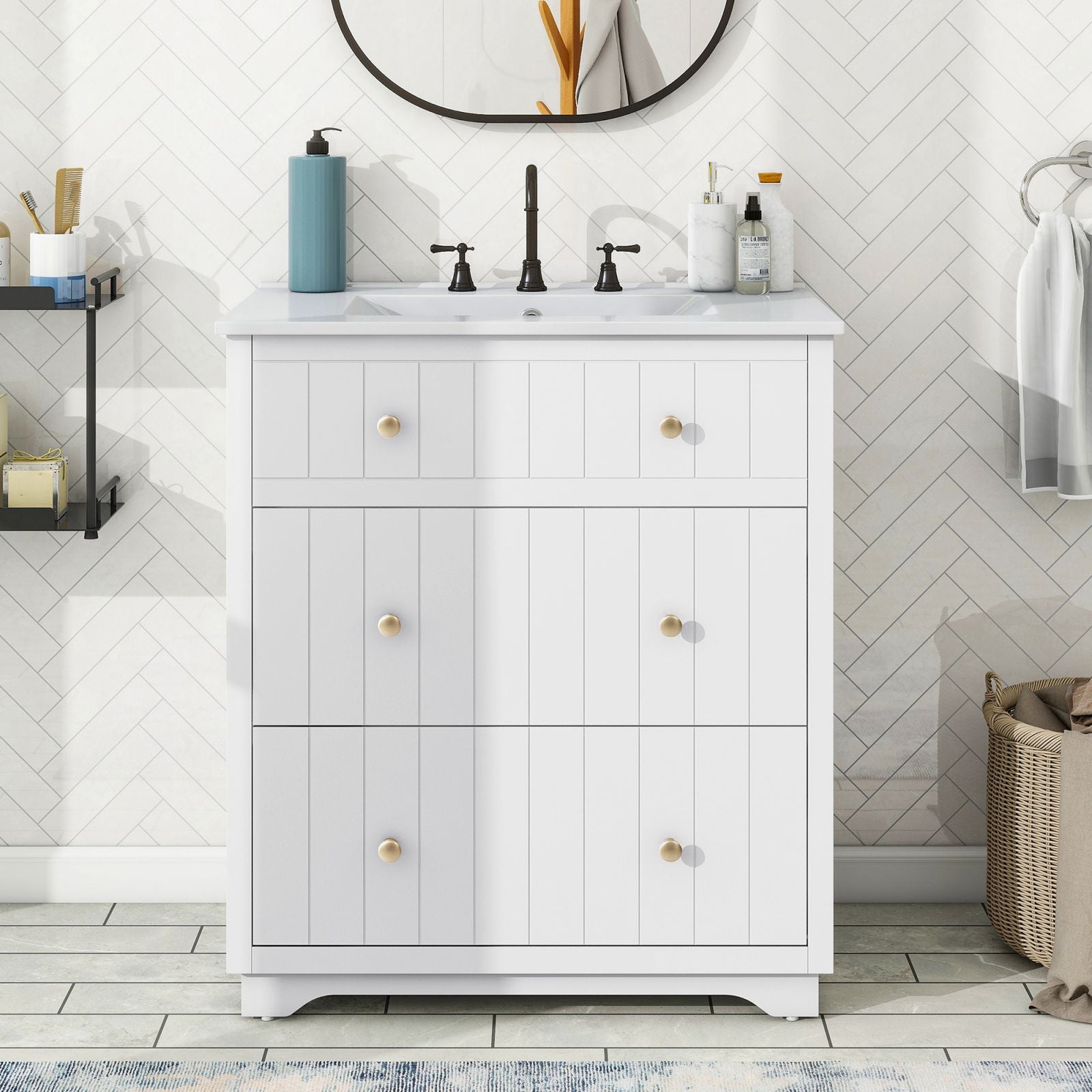 30" Sleek Modern White Bathroom Vanity Cabinet with Dual Drawers ...