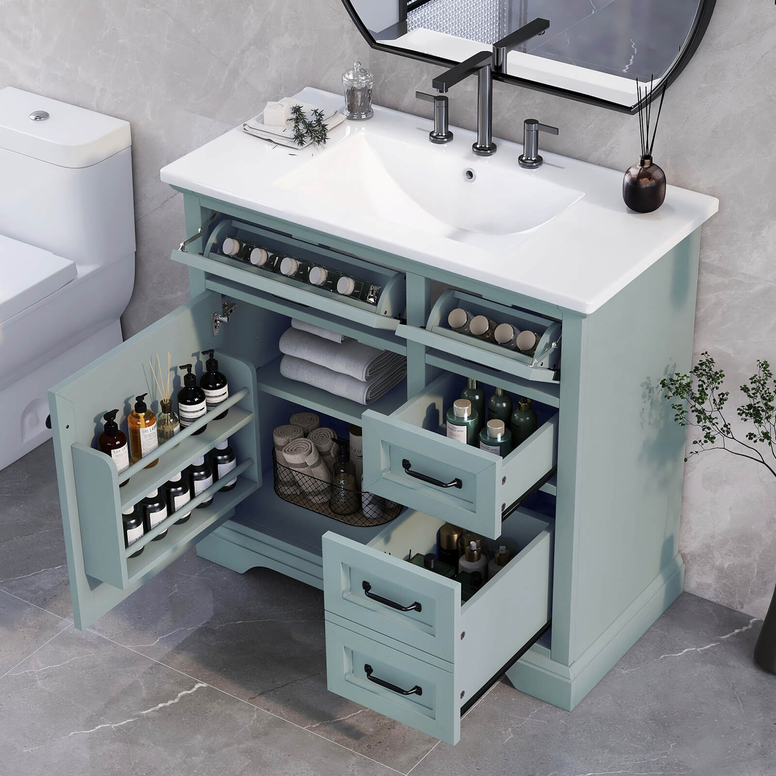 36" Gray-Green Bathroom Vanity with Rubberwood Frame - Giving Tree