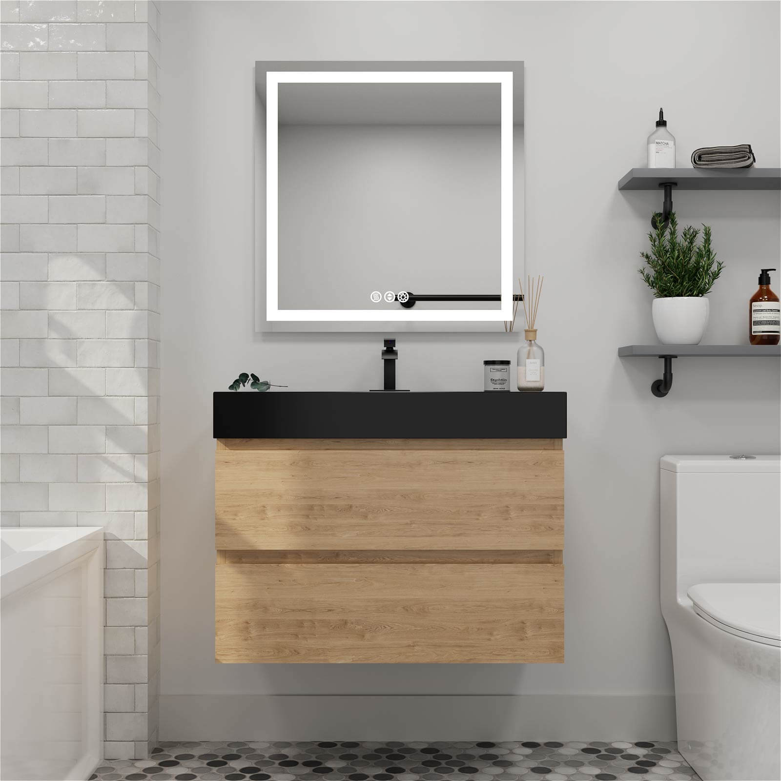 36" Oak Bathroom Vanity with Integrated Black Sink Basin - Giving Tree