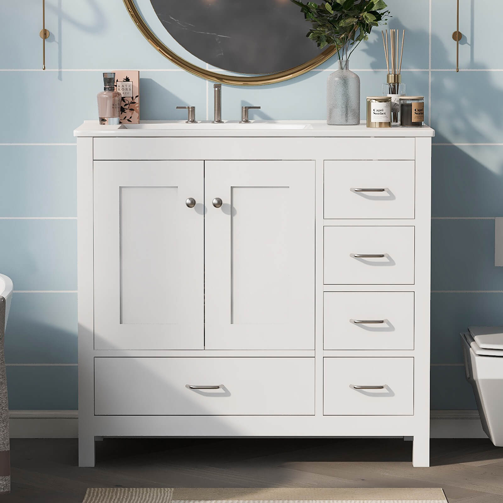 36" White Bathroom Vanity with Drawer on Right Side - Giving Tree