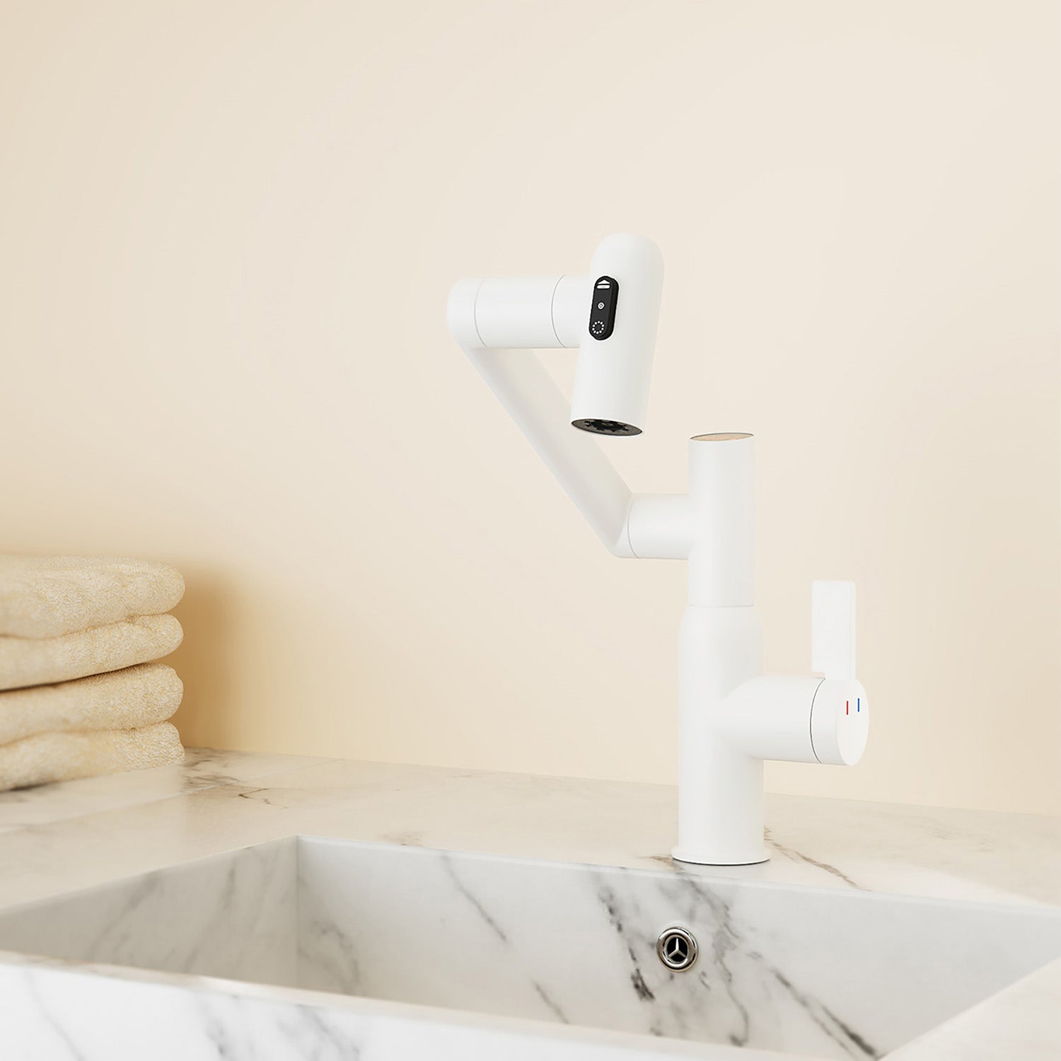 360° Rotary White Bathroom Sink Faucet with Spray Function and Tempera