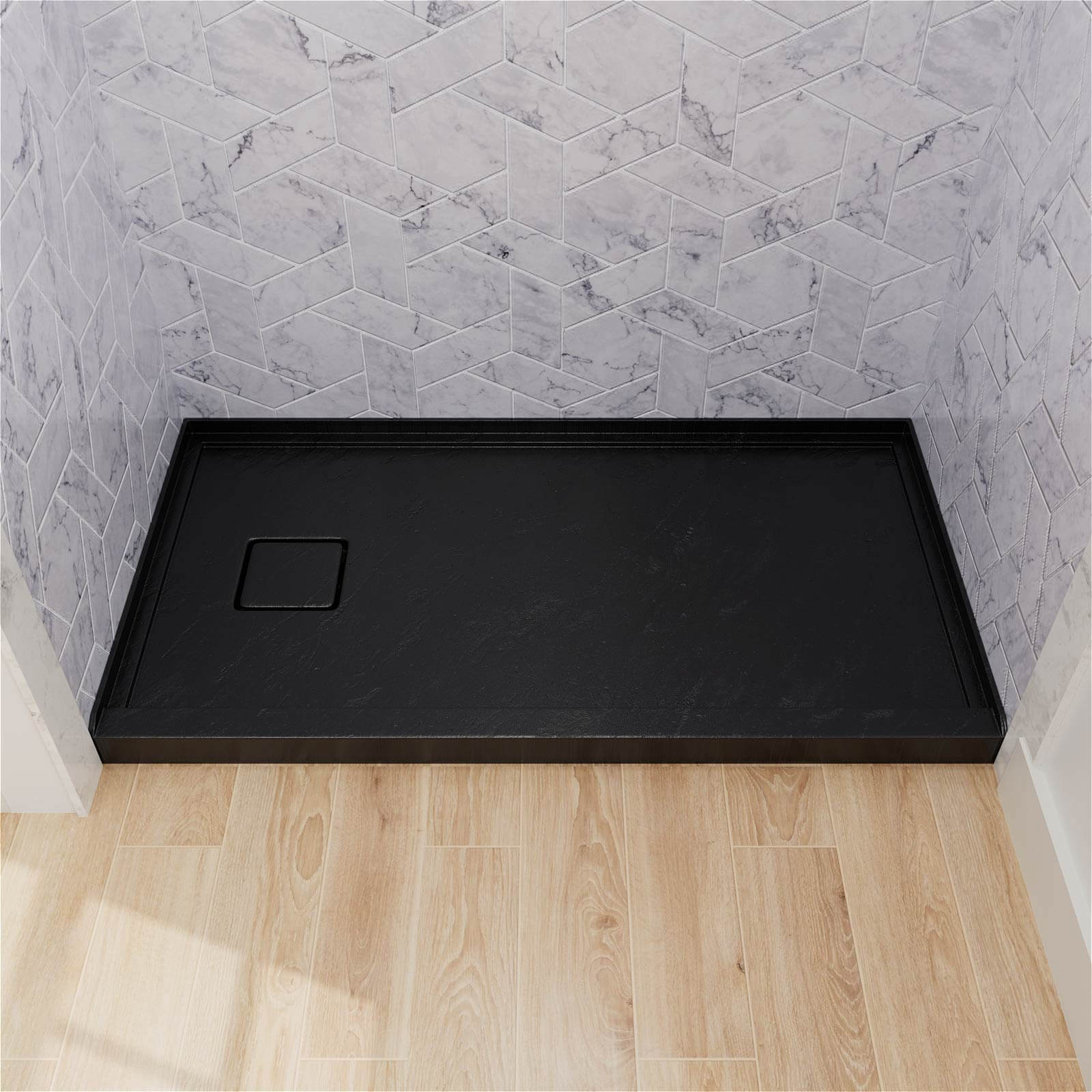 60" x 32" One-Piece Black Shower Pan with Left Drain - Giving Tree